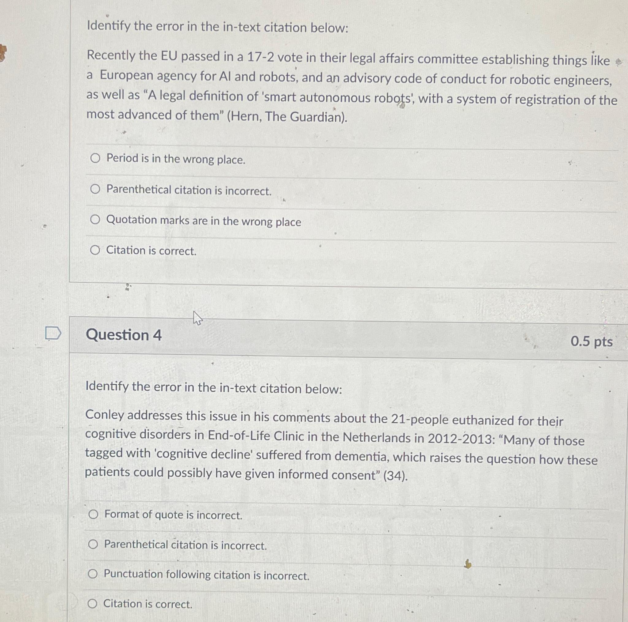 Solved Identify the error in the in-text citation | Chegg.com