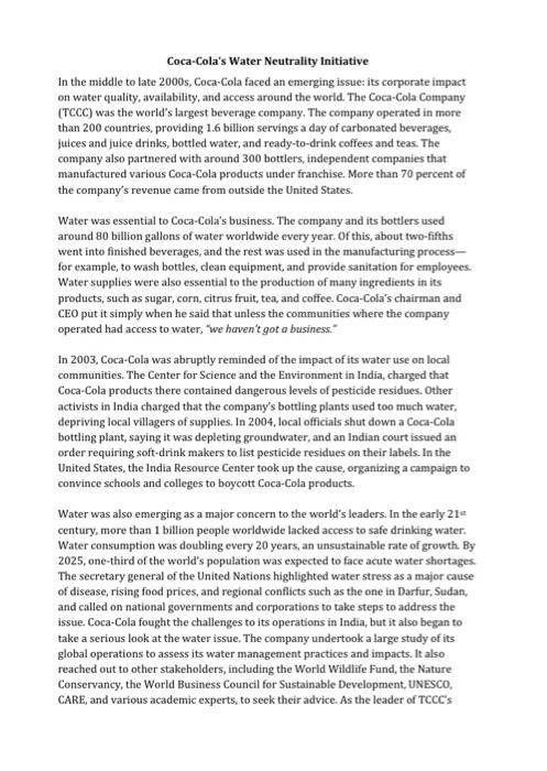 Coca-Cola's Water Neutrality Initiative In the middle | Chegg.com