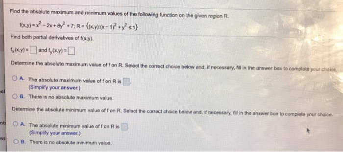 Solved Find the absolute maximum and minimum values of the | Chegg.com