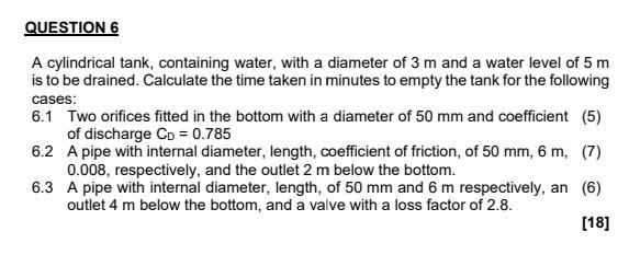 Solved QUESTION 6 A cylindrical tank, containing water, with | Chegg.com