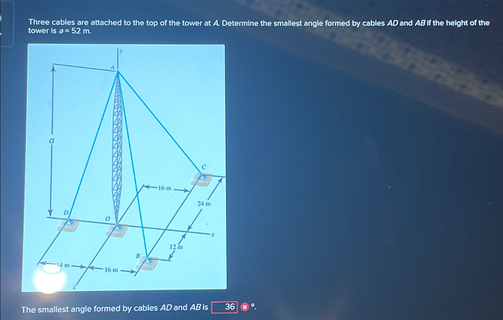 Solved Three cables are attached to the top of the tower at | Chegg.com