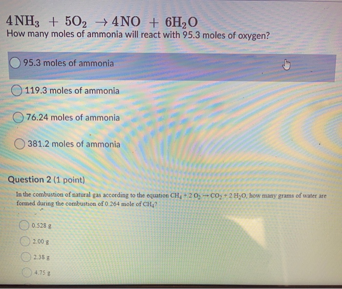 Solved 4NH3 + 5O2 + 4NO + 6H2O How many moles of ammonia | Chegg.com