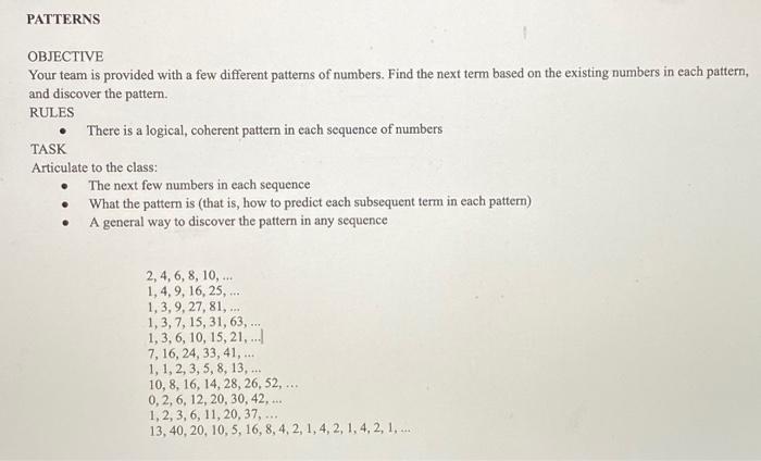 Solved PATTERNS OBJECTIVE Your team is provided with a few | Chegg.com