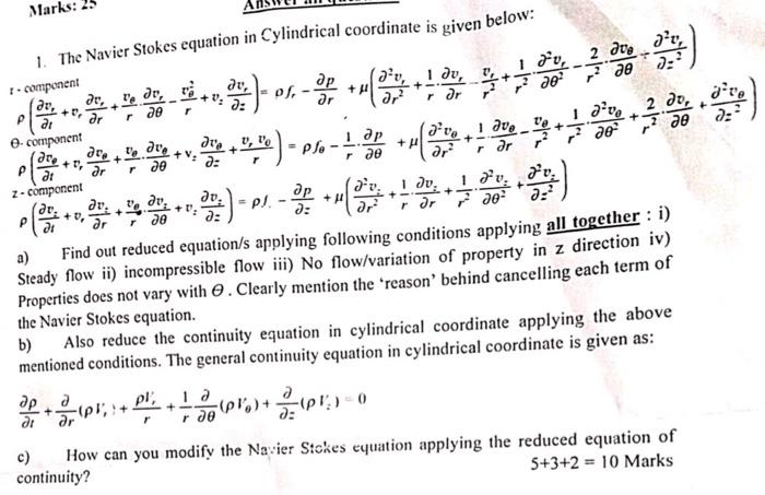 Solved 1. The Navier Stokes equation in Cylindrical | Chegg.com