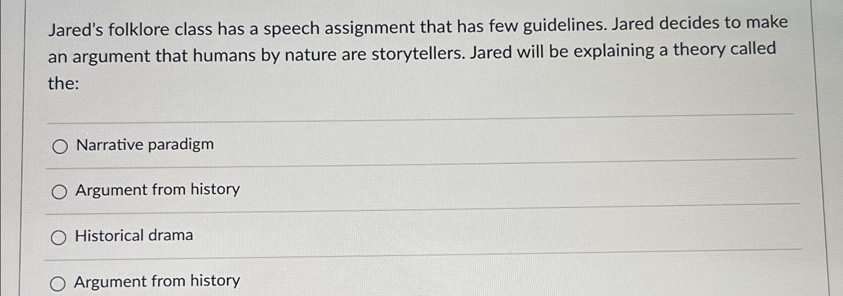 Solved Jared's folklore class has a speech assignment that | Chegg.com