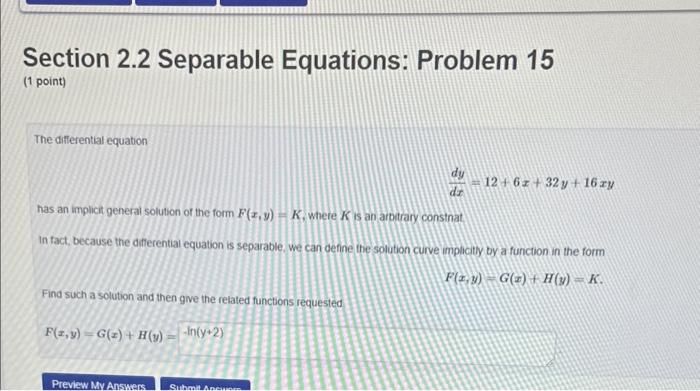 Solved Section 2 2 Separable Equations Problem 15 1 Point