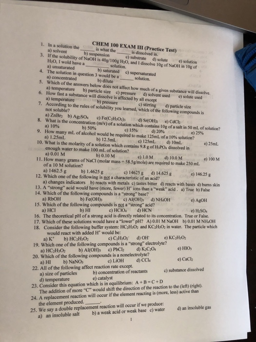 CHEM 100 EXAM III (Practice Test) 1. In a solution | Chegg.com