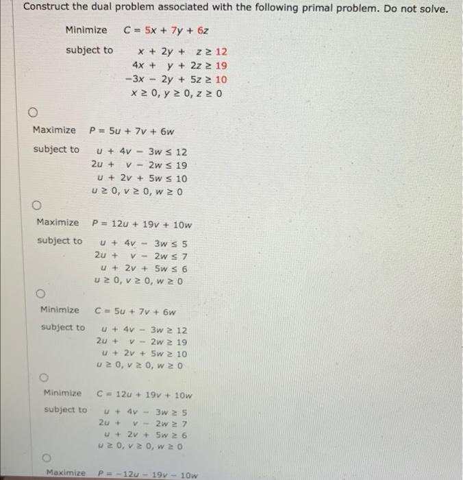 Solved Construct the dual problem associated with the | Chegg.com