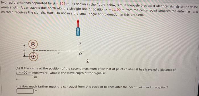 Solved Two radio antennas separated by d = 302 m, as shown | Chegg.com