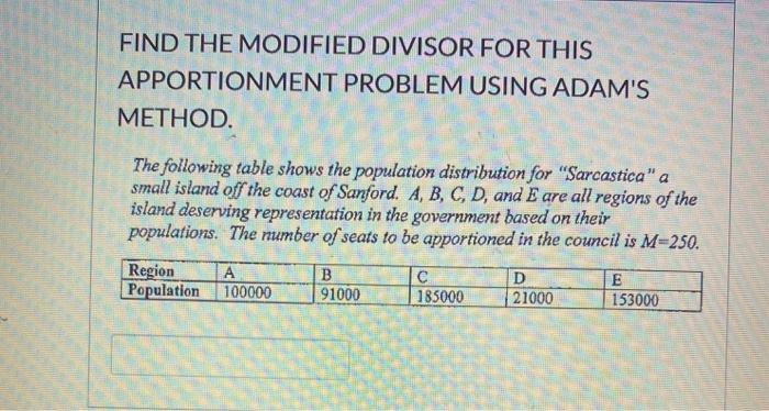 Solved FIND THE MODIFIED DIVISOR FOR THIS APPORTIONMENT | Chegg.com