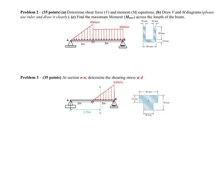 Solved Problem 2 - (35 points) (a) Determine shear force (V) | Chegg.com