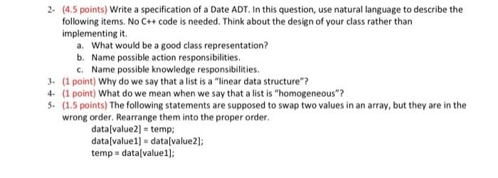 Solved 2- (4.5 points) Write a specification of a Date ADT. | Chegg.com