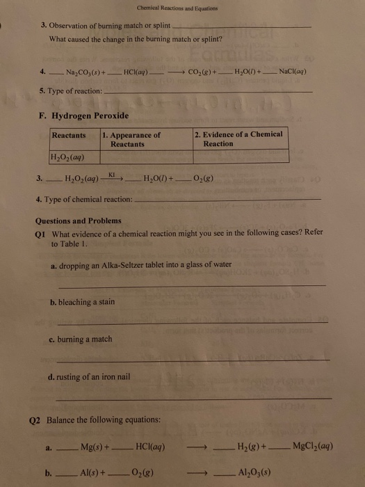 Solved REPORT SHEET Chemical Reactions and Equations A. | Chegg.com