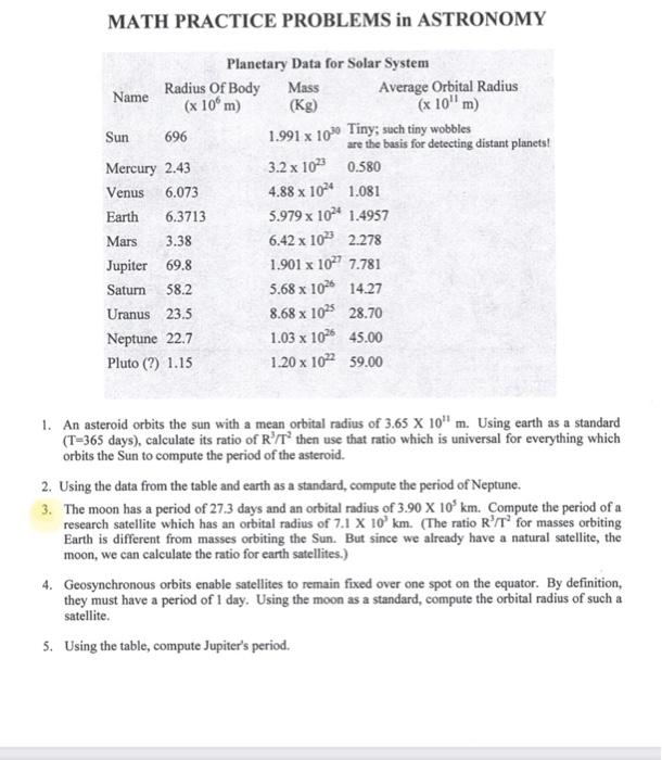 Solved MATH PRACTICE PROBLEMS in ASTRONOMY Planetary Data | Chegg.com