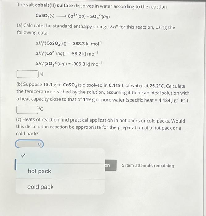 Solved The salt cobalt(II) sulfate dissolves in water | Chegg.com