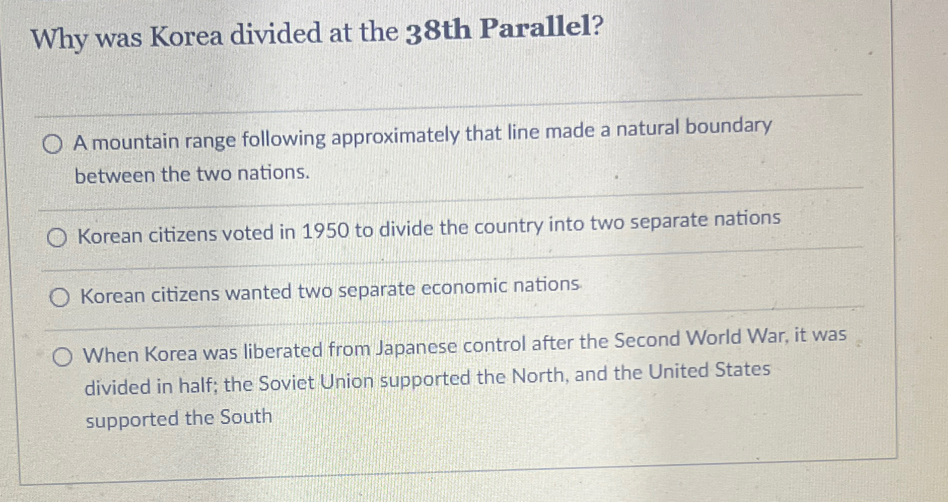 Solved Why was Korea divided at the 38 ﻿th Parallel?A | Chegg.com