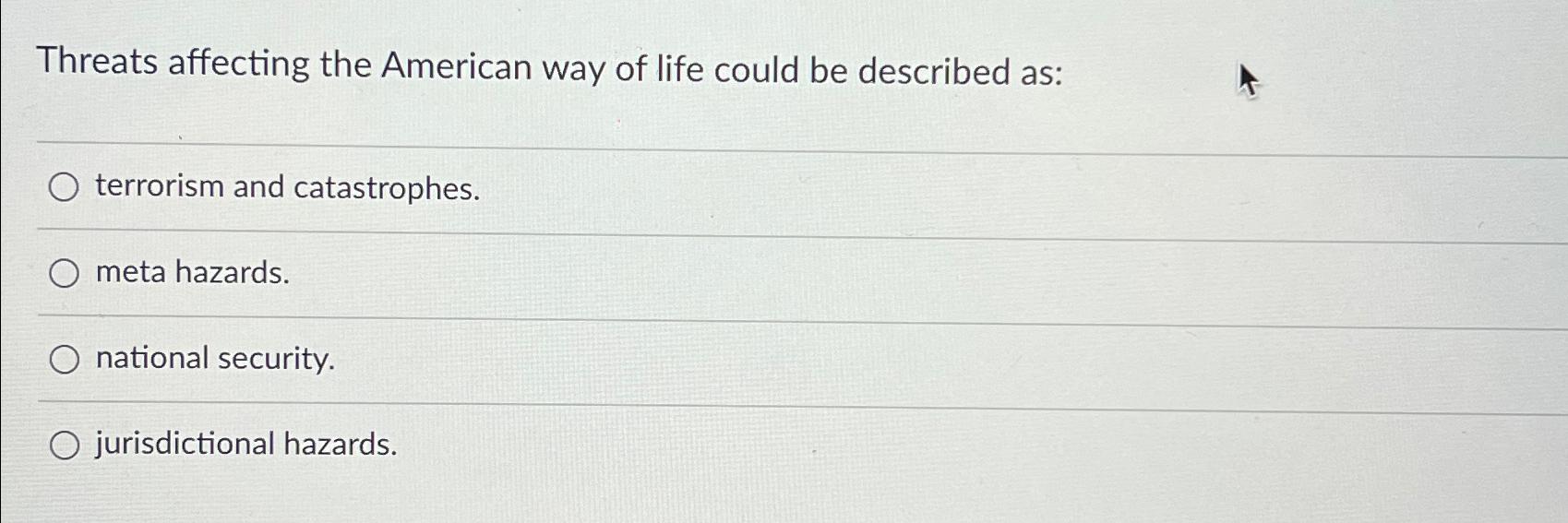 Solved Threats affecting the American way of life could be | Chegg.com