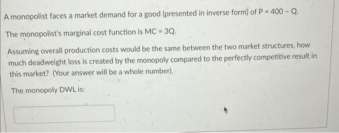 Solved A monopolist faces a market demand for a good | Chegg.com