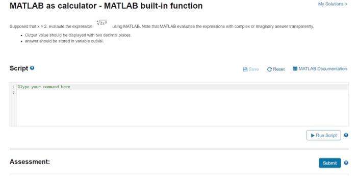 Solved Matlab As Calculator Matlab Built In Function My 9585
