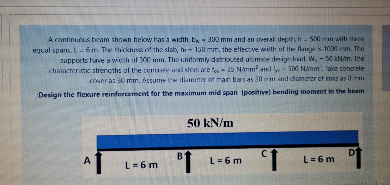 Solved A continuous beam shown below has a width, bw = 300 | Chegg.com