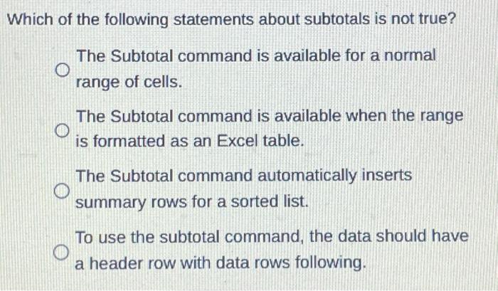 Solved Which of the following statements about subtotals is | Chegg.com