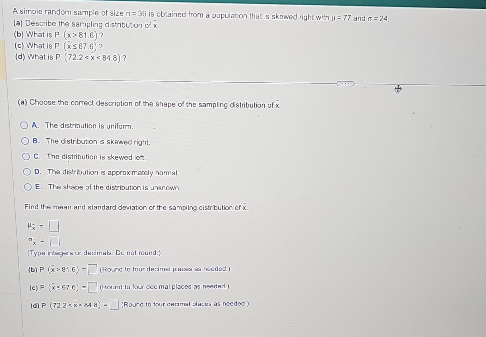 Solved A simple random sample of size n=36 is obtained from | Chegg.com