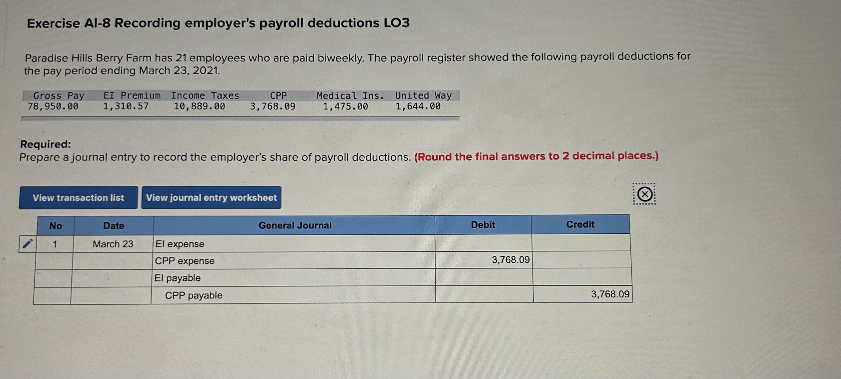 Solved Exercise Al-8 ﻿Recording employer's payroll | Chegg.com