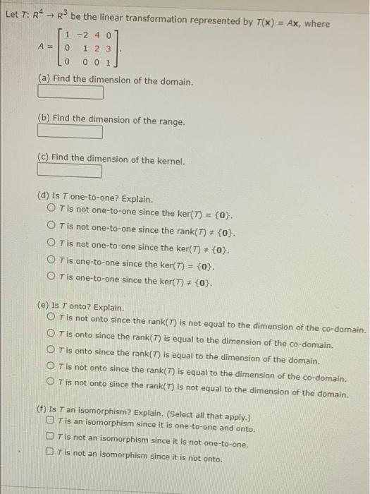 Solved Let T: R4 +R be the linear transformation represented | Chegg.com