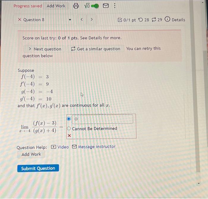 Solved Progress saved Add Work X Question 8 = = = Score on | Chegg.com