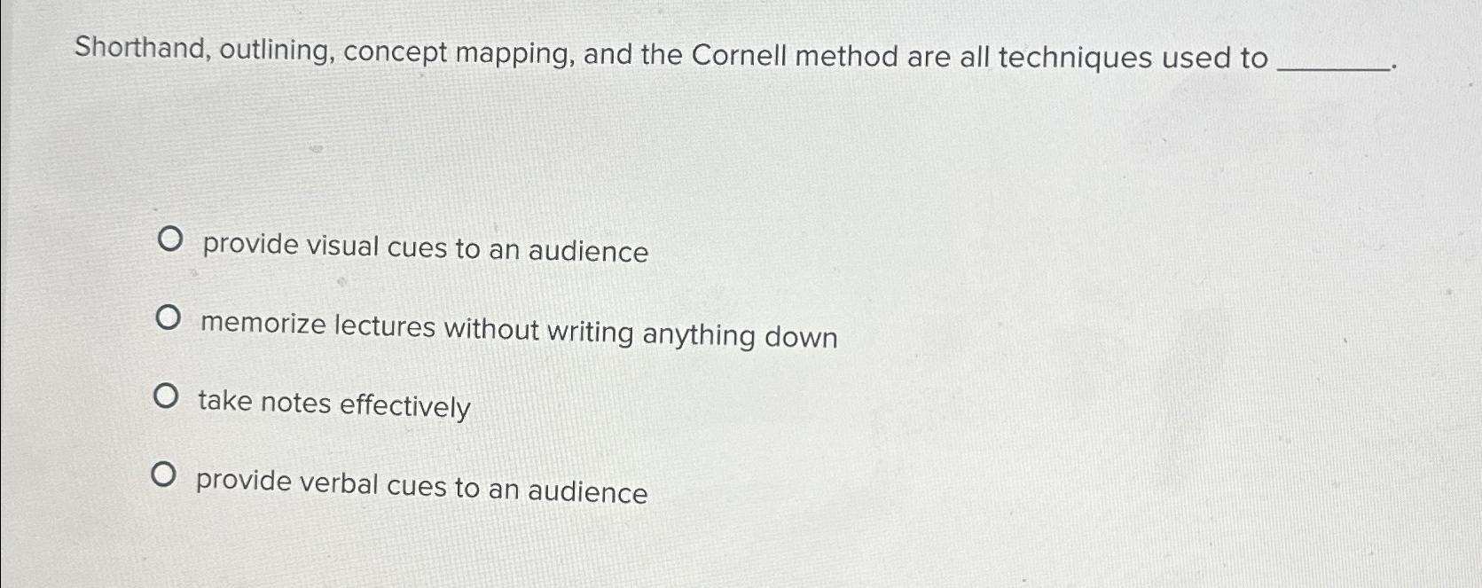 Solved Shorthand, outlining, concept mapping, and the | Chegg.com