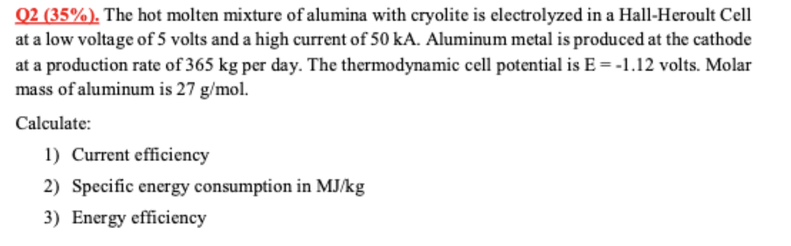 Solved Q2 (35%). ﻿The hot molten mixture of alumina with | Chegg.com