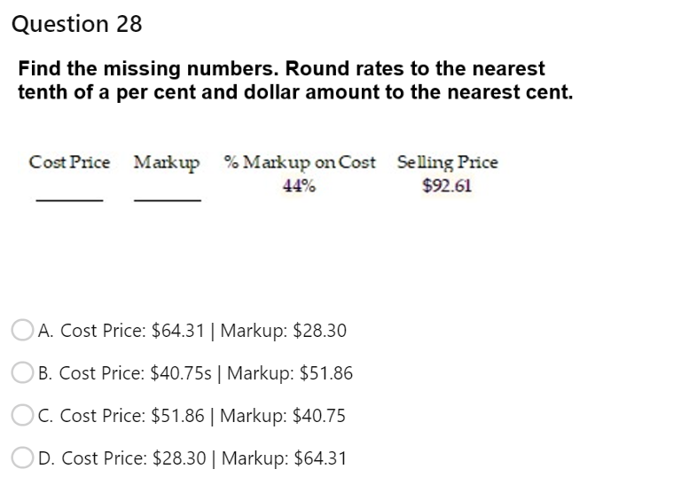 Solved Question 28Find the missing numbers. Round rates to | Chegg.com