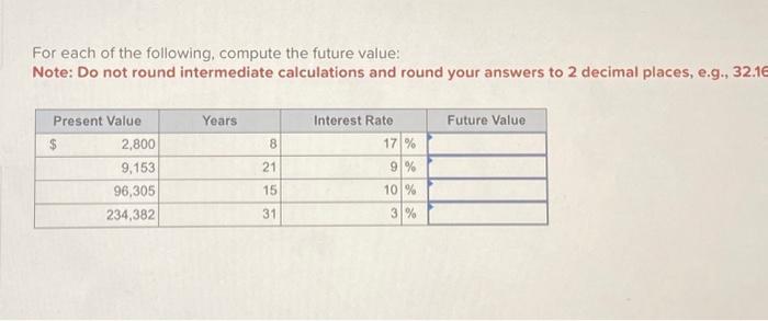 For each of the following, compute the future value: | Chegg.com