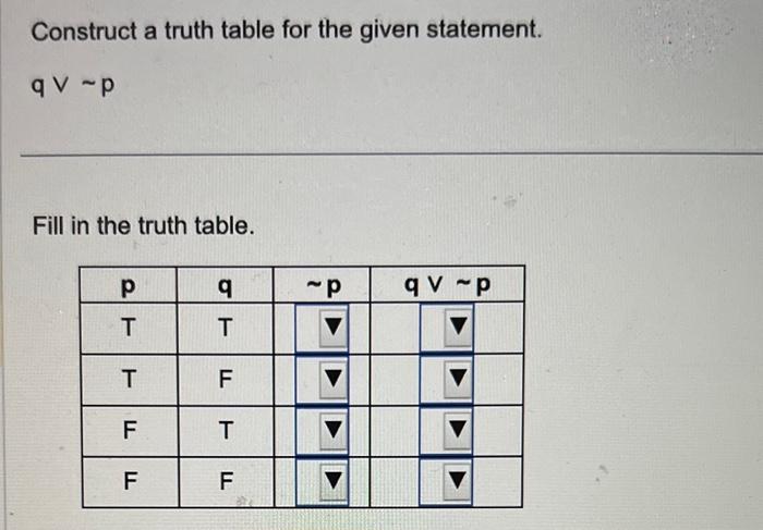Solved Construct a truth table for the given statement. q∨∼p | Chegg.com