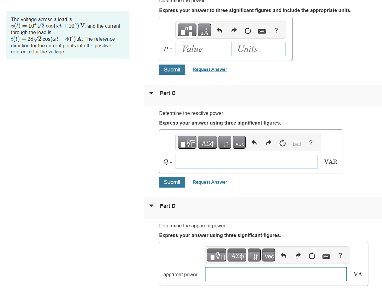Solved The voltage across a load isv(t)=10422cos(ωt+10°)V, | Chegg.com