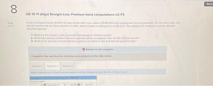 Solved QS 10-11 (Algo) Straight-Line: Premium bond | Chegg.com
