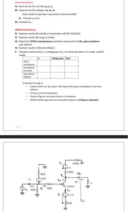 Solved Hand calculationt: A) Solve for the DC currents: le, | Chegg.com