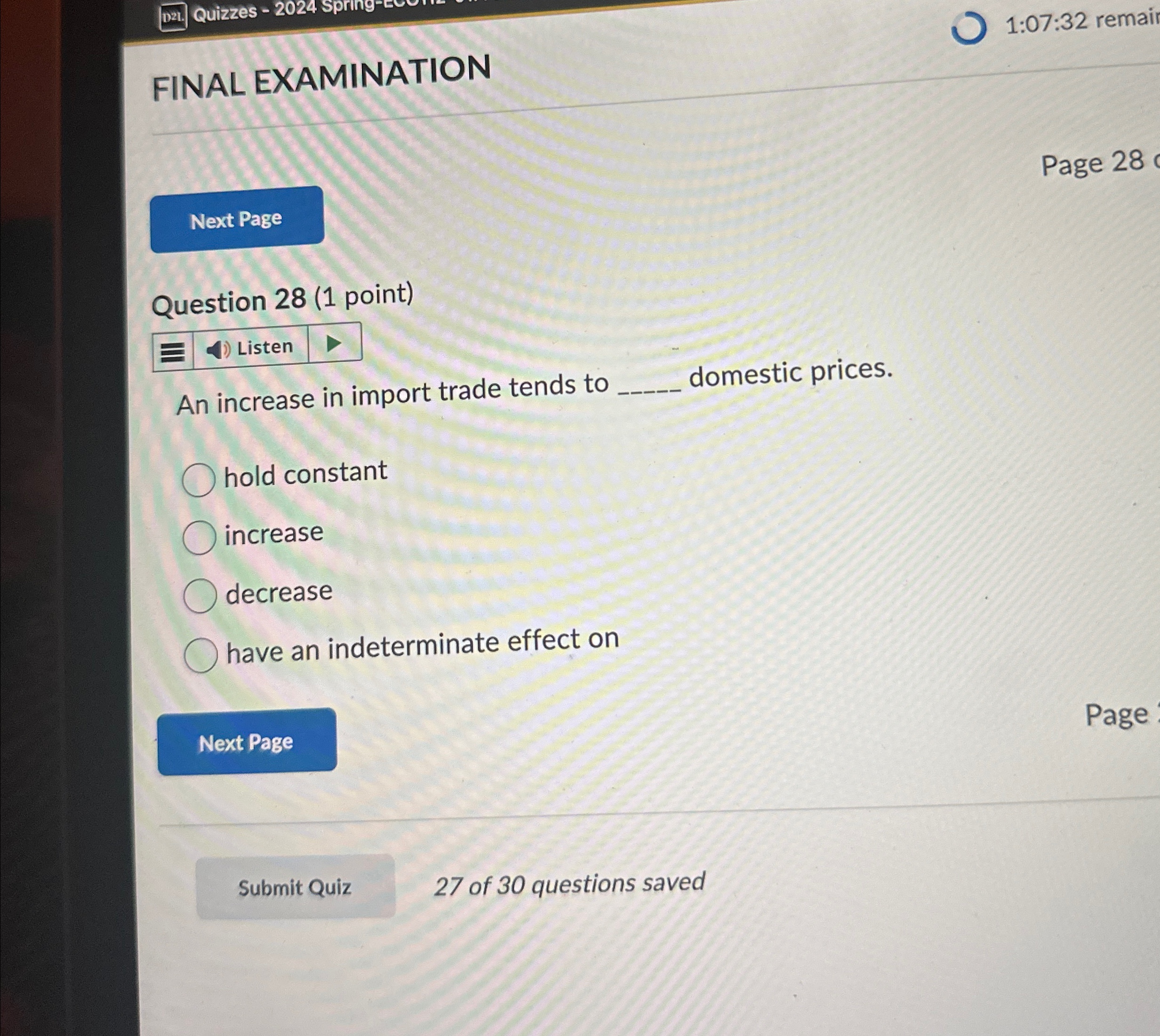 Solved FINAL EXAMINATION1:07:32 ﻿remaiPage 28Question 28 (1 | Chegg.com