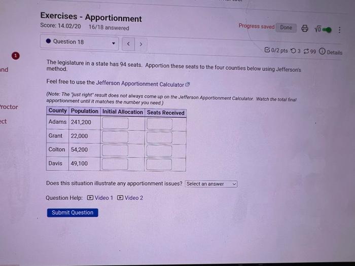 Solved and Proctor ect Exercises - Apportionment Score: | Chegg.com
