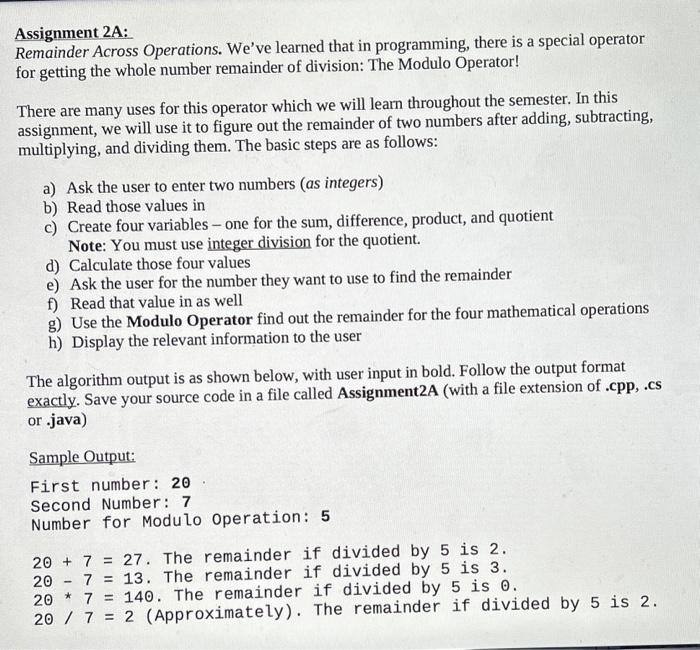 Solved Assignment 2A: Remainder Across Operations. We've | Chegg.com