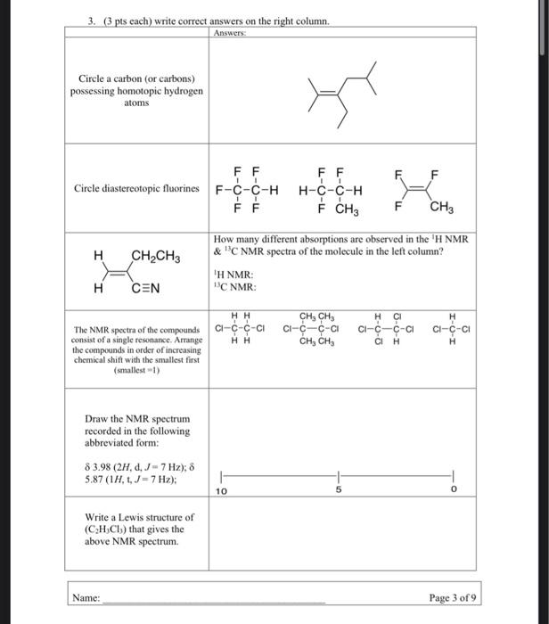 Solved 3. (3 pts each) write correct answers on the right | Chegg.com