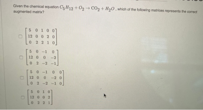 Solved Given the chemical equation C5 H12 + O2 + CO2 + H20, | Chegg.com