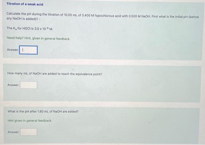 Solved Calculate the pH during the titration of 10.00 mL of | Chegg.com