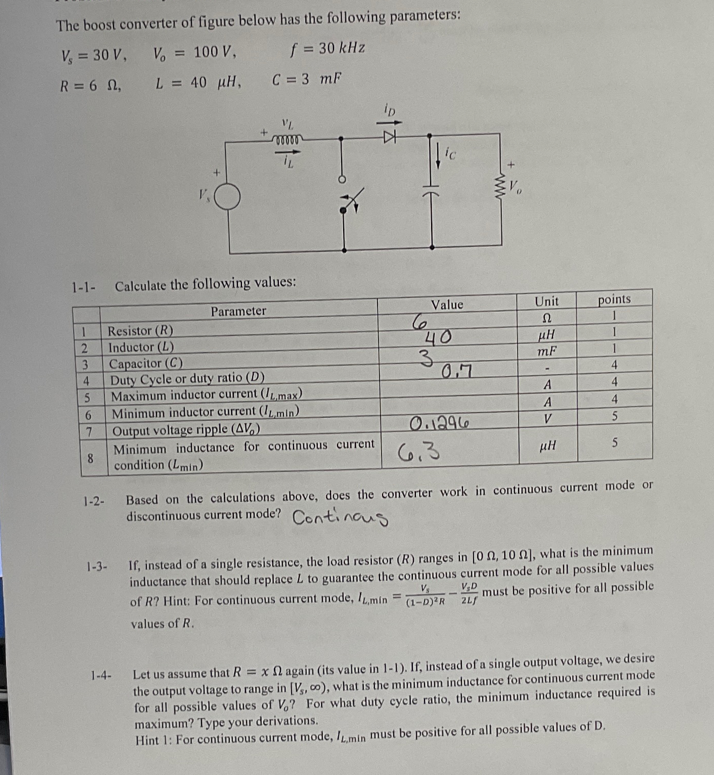 Solved The boost converter of figure below has the following | Chegg.com