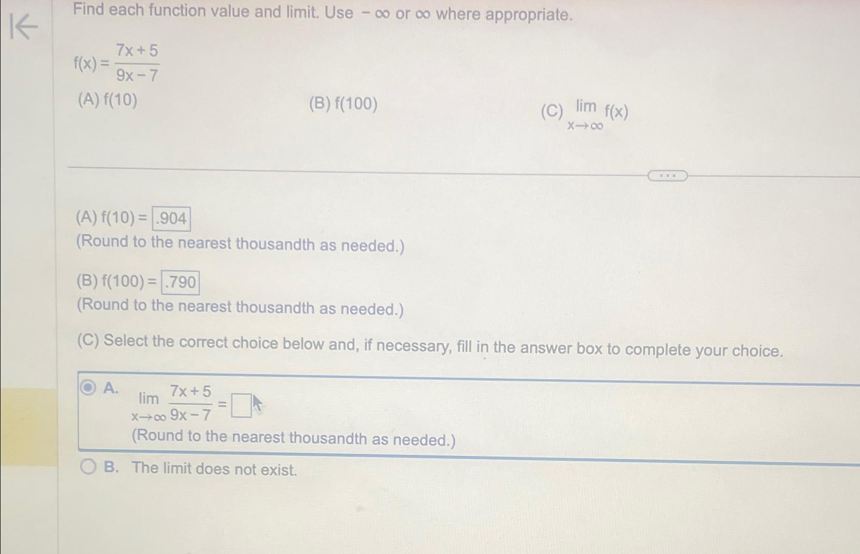 Solved Find each function value and limit. ﻿Use -∞ ﻿or ∞ | Chegg.com