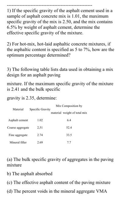 Solved 1) If the specific gravity of the asphalt cement used | Chegg.com