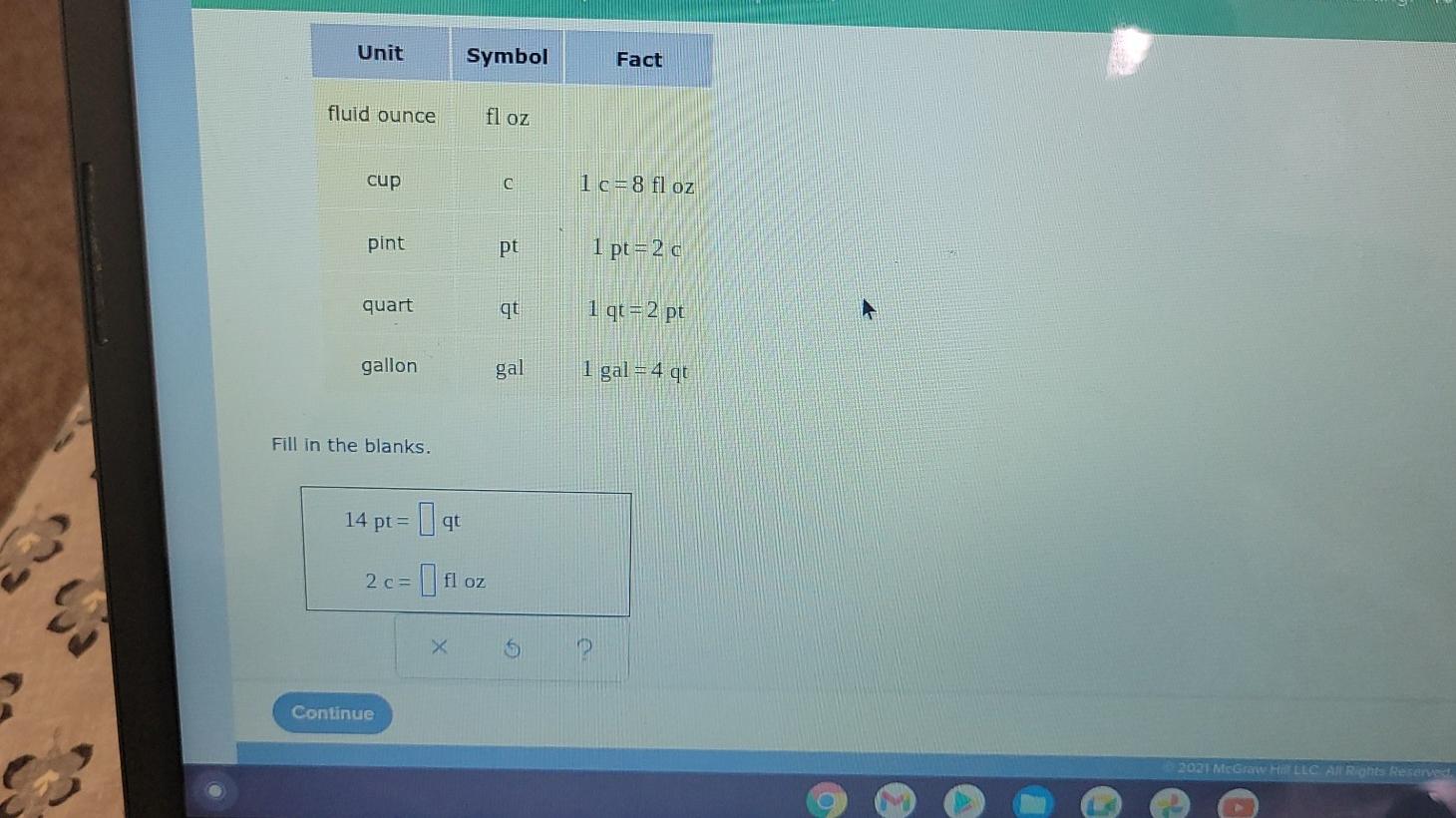 Solved Unit Symbol Fact fluid ounce fl oz cup C 1 c=8 fl oz | Chegg.com