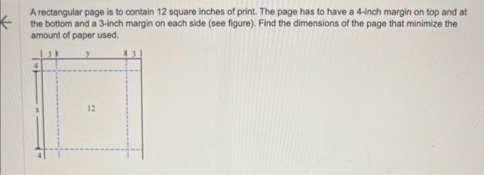 Solved A rectangular page is to contain 12 square inches of | Chegg.com