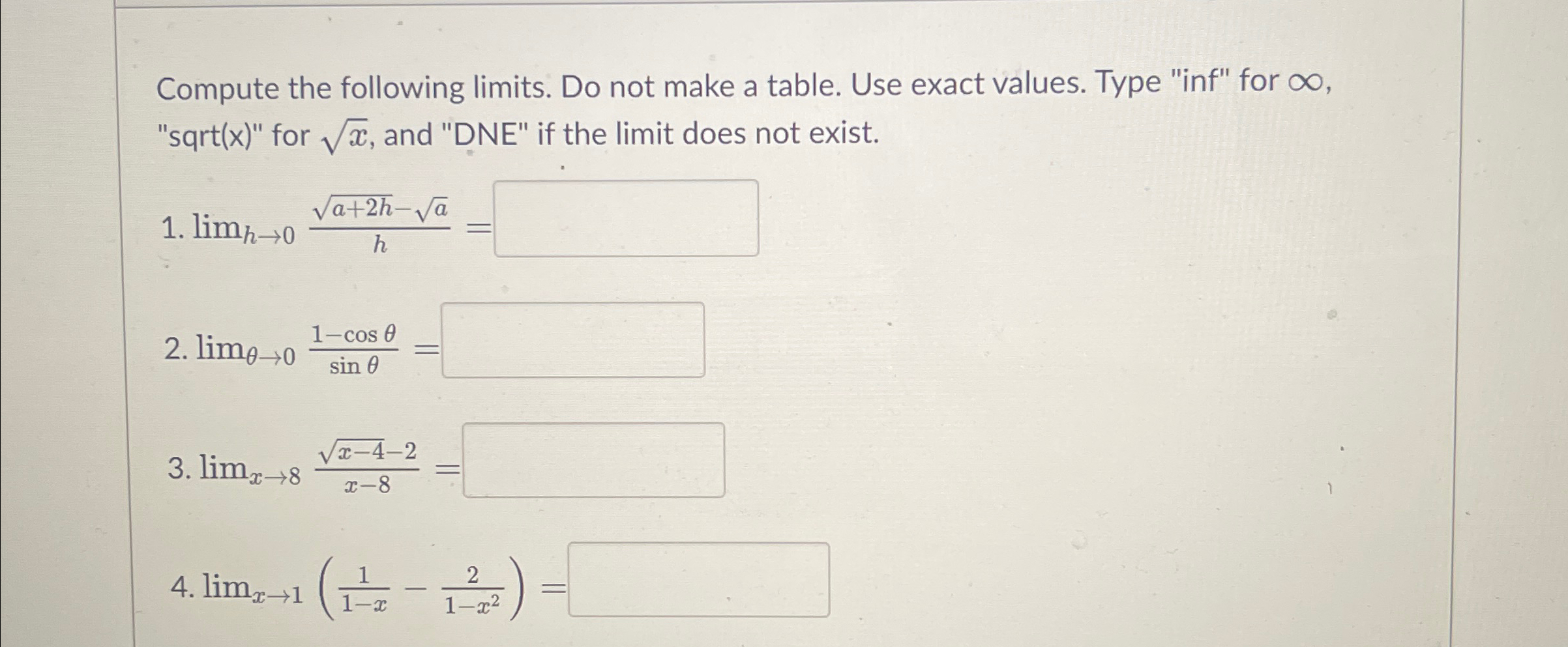 Solved Compute the following limits. ﻿Do not make a table. | Chegg.com