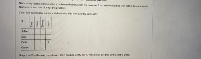 Solved Nia is using matrix logic to solve a problem which | Chegg.com